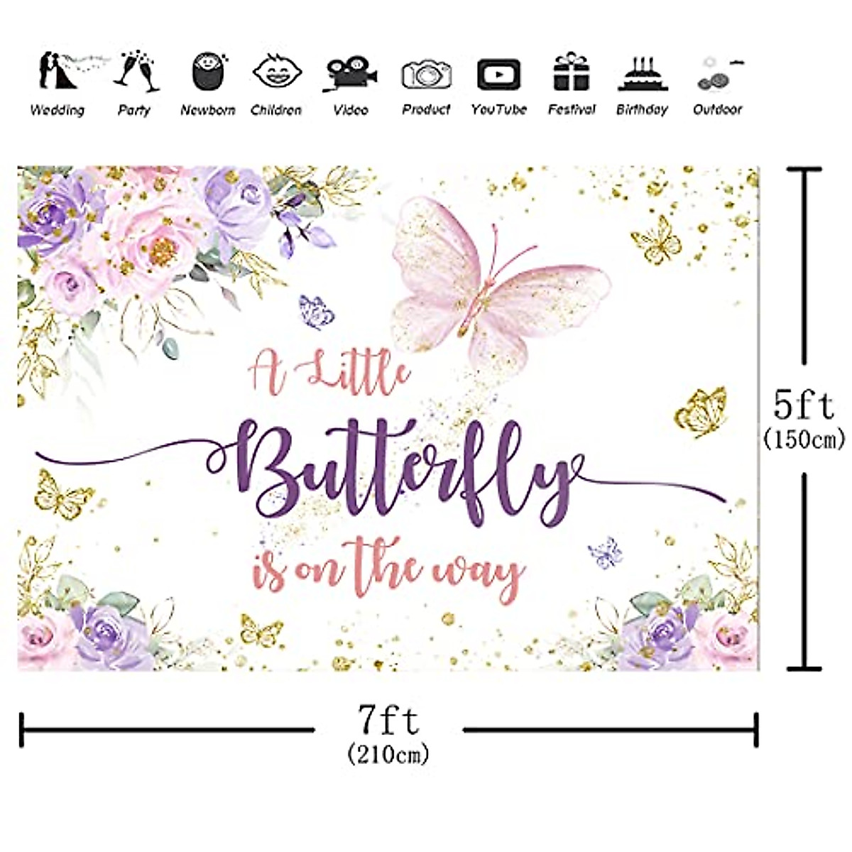 Aperturee 7x5ft Butterfly Baby Shower Backdrop A Little Butterfly is on The Way Photo Purple and Pink Floral Gold Spots Flowers Photography Background Princess Girl Party Decoration Banner Photo Booth