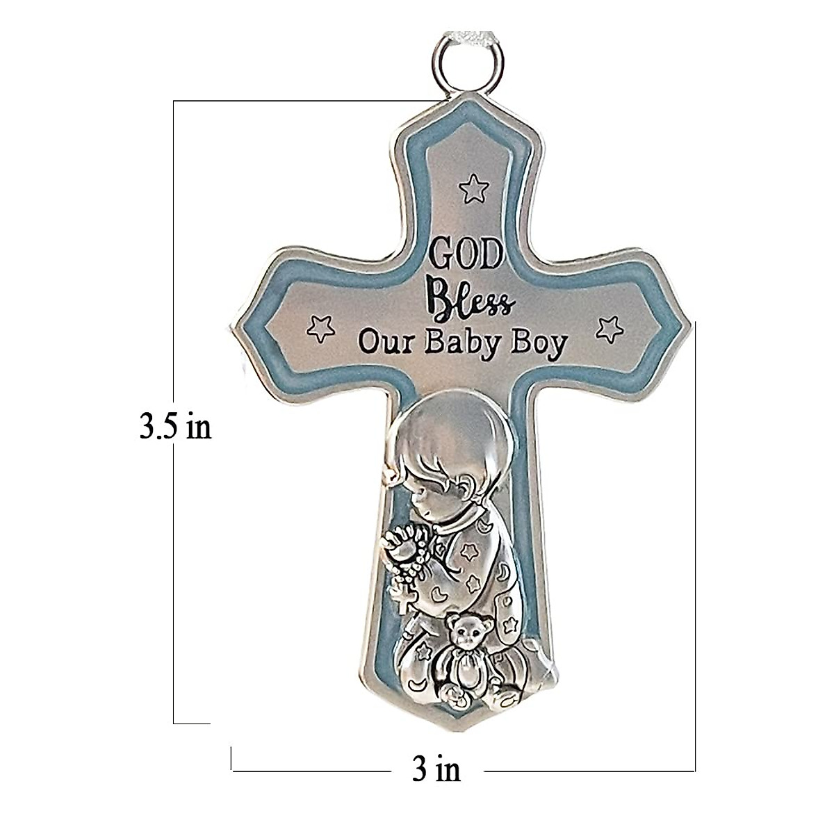 Ganz U.S.A., LLC Ornate Crib Cross Decor with White Ribbon Baby Boy for Baptism, Christening, Baby Shower God Bless Our Baby Boy