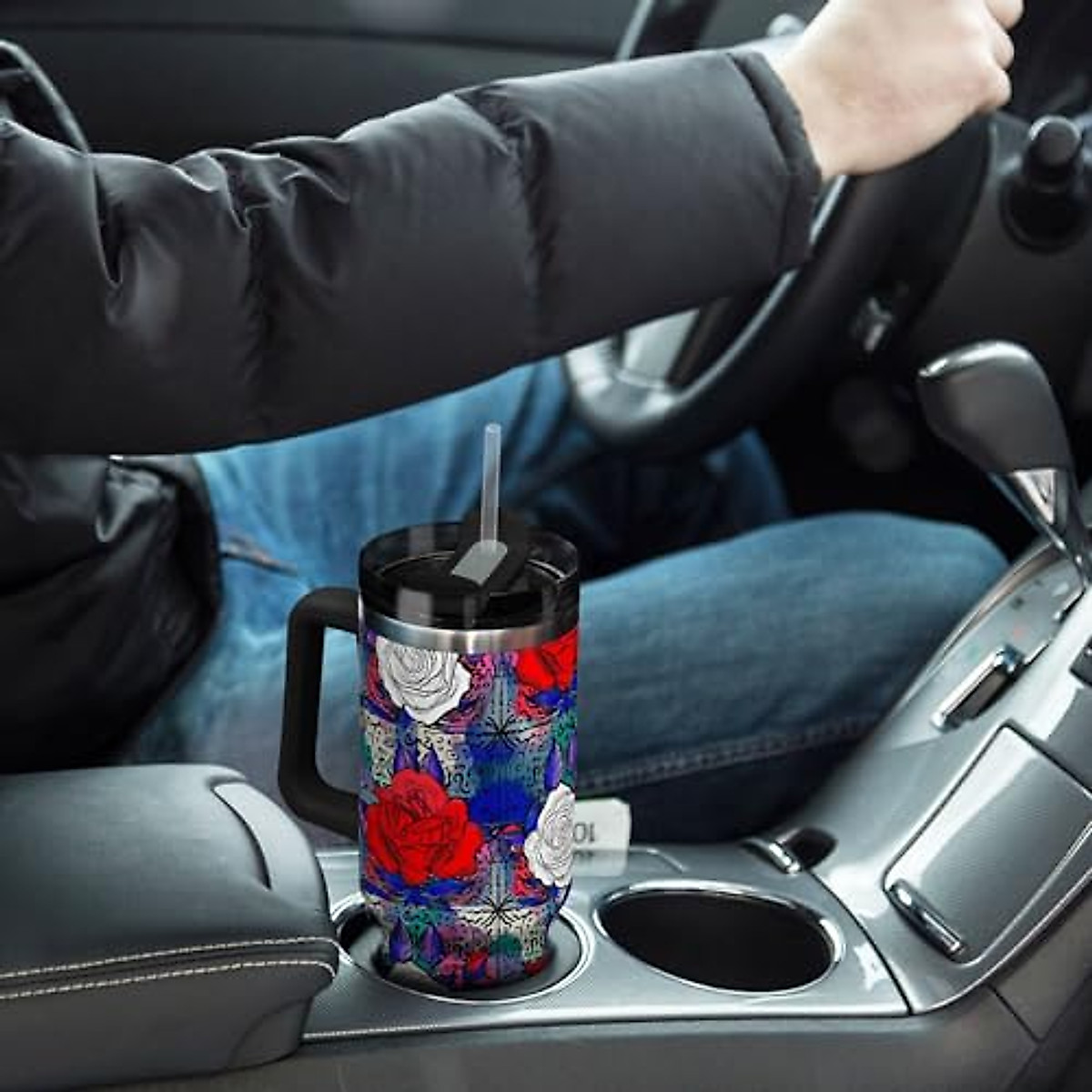 SDMKA 40oz Stainless Steel Tumbler with Straw and Handle, Vacuum Insulated Double-Walled Travel Mug, BPA-Free Leakproof Cup for Hot/Cold Beverages, Bold Red Roses