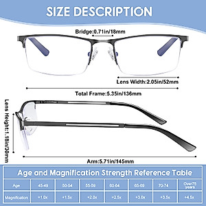 KONHAGO Blue Light Blocking Reading Glasses for Men, Half Frame Metal Readers Spring Hinge Eyeglasses Anti Eyestrain/Glare/UV