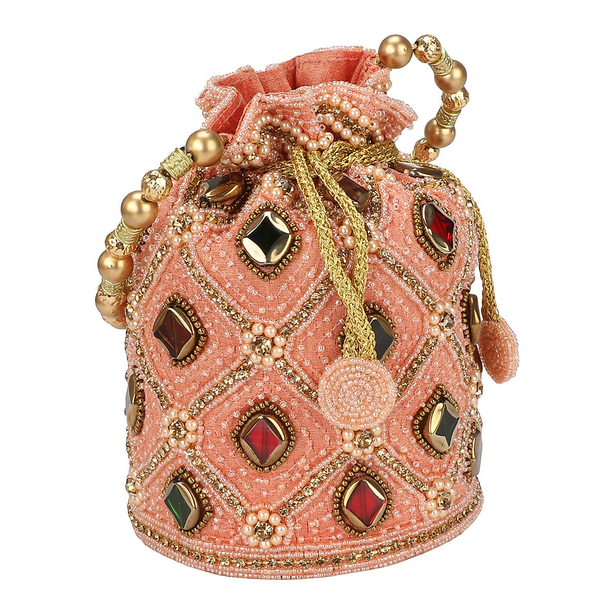 Indian Ethnic Clutch Silk Potli Batwa Pouch Bag with Beadwork Gift For Women (Peach)