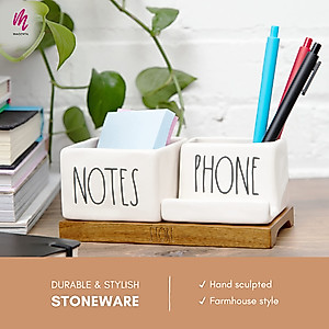 Rae Dunn Desk Organizer, Ceramic and Wood Organizer Tray with Cell-Phone Holder, Note-Card Holder, and Pen Holder, Organizer for Office Desk Accessories