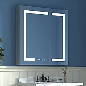 ExBrite LED Lighted Bathroom Medicine Cabinet with Mirror, 30 x 32 Inch, Recessed or Surface led Medicine Cabinet, Clock, Room Temp Display,Defog,Stepless Dimming,3-Color Temper Change, Outlets & USBs