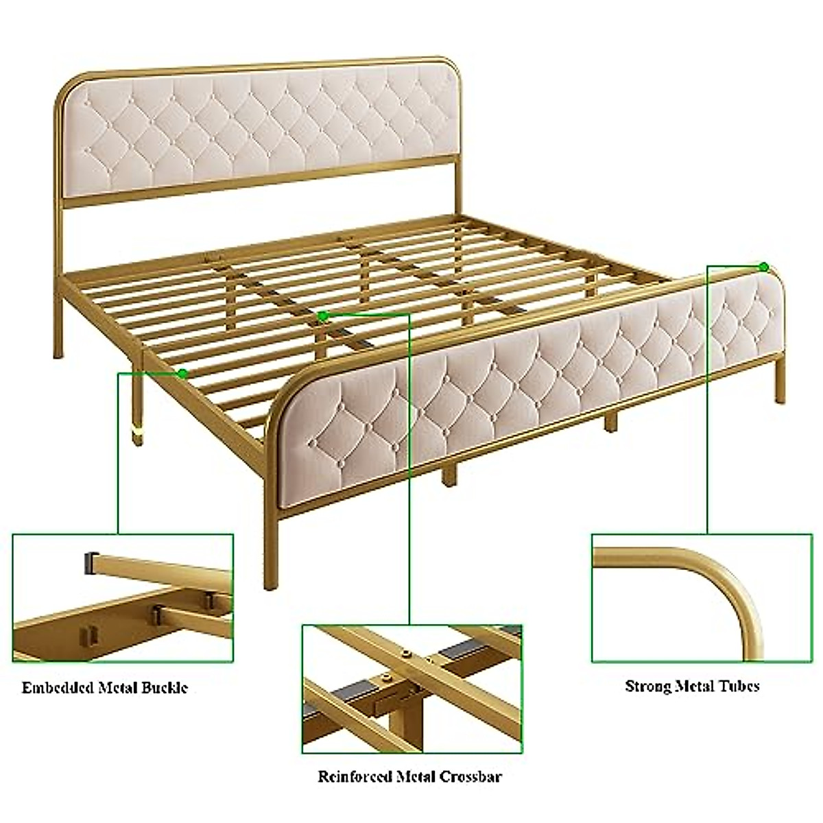 Feonase King Size Bed Frame, Upholstered Bed Frame with Diamond Tufted Headboard, Heavy Duty Metal Slats, 12" Storage Space, No Box Spring Needed, Easy Assembly, Gold