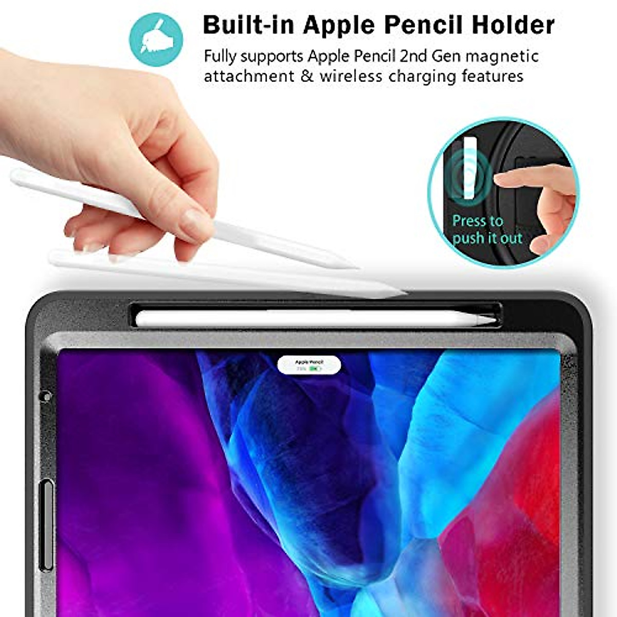 ProCase Rugged Case for iPad Pro 12.9 2020 2018 [Support Apple Pencil 2 Charging], Heavy Duty Kickstand Protective Cover for iPad Pro 12.9" 4th Generation 2020 / 3rd Gen 2019 -Black
