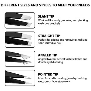 Professional Stainless Steel Tweezer Set for Eyebrows - Precision Tweezers for Ingrown Hair, Blackhead & Splinter | 4 Pcs, Black, 3.5 x 4.5 x 0.50 (KZR-01)