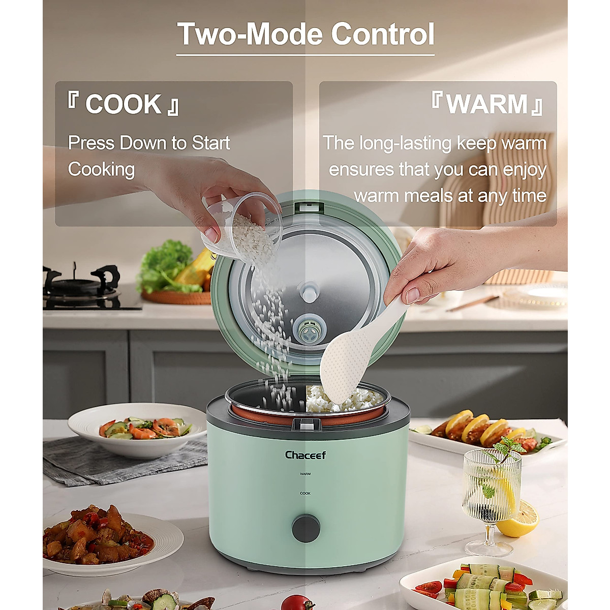 CHACEEF Rice Cooker 3-Cups Uncooked, Green & CHACEEF Travel Electric Kettle, Pink
