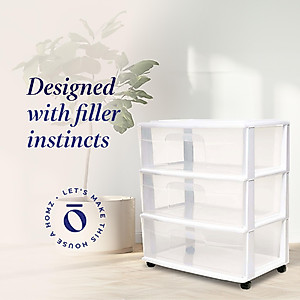 HOMZ Drawer Tower, 3-Tier Wide Clear Plastic Storage Organizer Cart, White Frame