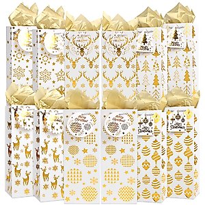 STEFORD 12 Pack Christmas Wine Gift Bags,Gold Foil Wine Bottle Bags with Tissue Paper and Name Tags,Xmas Paper Wine Bags for Christmas,Winter Holiday,Wedding,Wine Tasting,Home Party