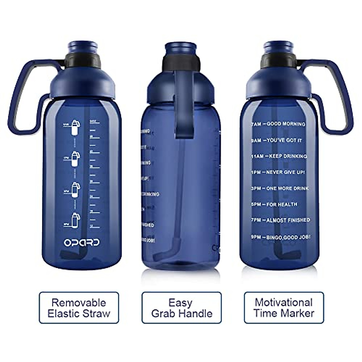 Opard Half gallon Water Bottle with Time Marker, 64oz Motivational Water Jug Large Sports Water Bottle with Straw Handle BPA Free for Gym Fitness (Blue)