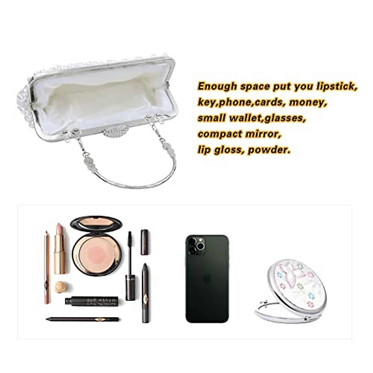 ERCULER Topfive Women's White Pearl Beaded Clutch Evening Handbags for Formal Bridal Wedding Clutch Purse Prom Cocktail Party