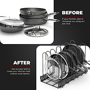 Vdomus Pan Organizer with Pot lid Holder Handle Bracket Design, Black Metal Kitchen Pot and pan organizer rack for cabinet or Counter, pot organizer with 7 adjustable dividers
