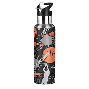Basketball Football Sports Kids Water Bottle Thermos with Straw School Vacuum Insulated Stainless Steel Thermos Bottle Cup Leakproof Sport Travel Cup Mug Handle for Boys Man Women 20 OZ