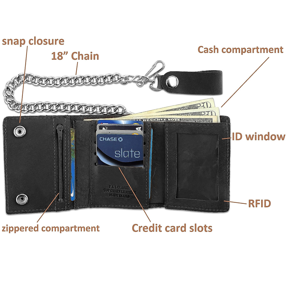 RFID Blocking Men's Tri-fold Vintage Biker Cowhide Leather Steel Chain Wallet,Snap closure, Made In USA,tc315-solid black