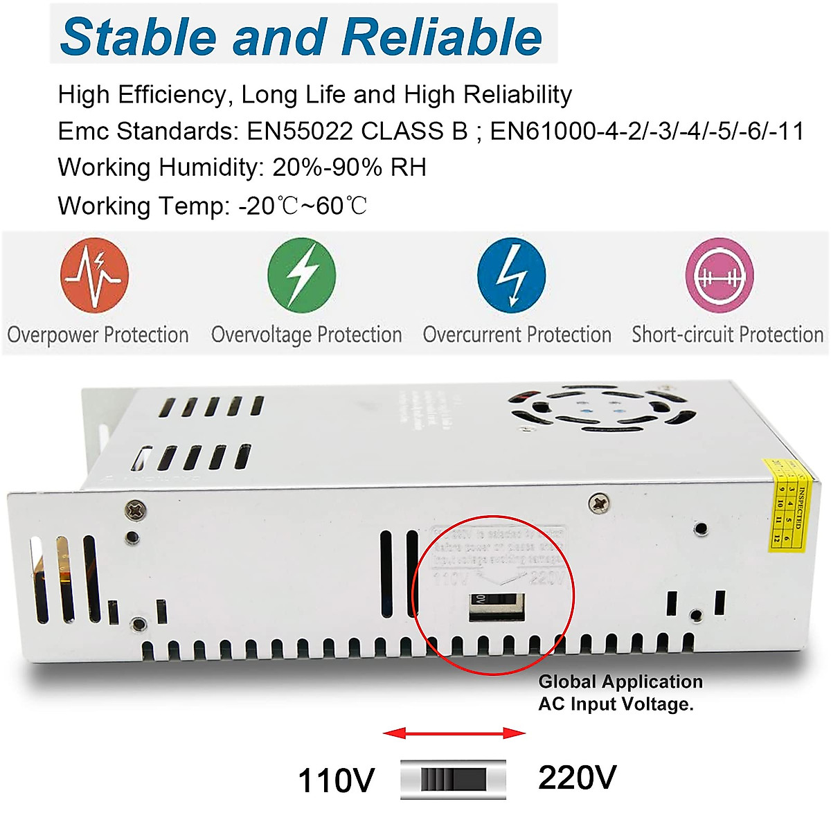 DC 12V 30A Power Supply 360W Universal Regulated Switching AC to DC Converter AC 110V/220V (SMPS) Transformer Driver Adapter for LED Strip Light, CCTV Camera Security System, Radio, Computer Project