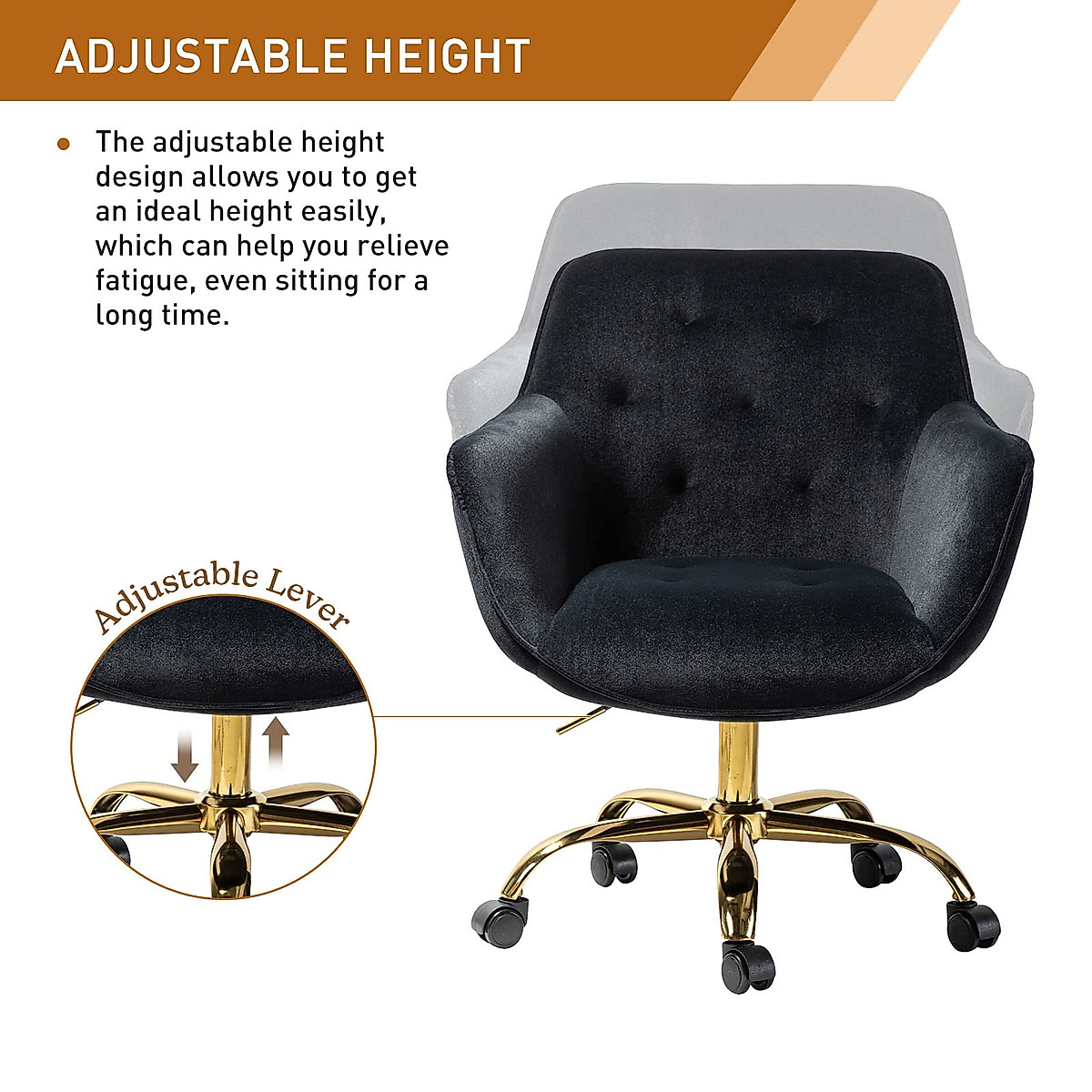 HULALA HOME Velvet Office Chair with Gold Base, Modern Cute Mid-Back Desk Chair, Adjustable Swivel Task Chair for Living Room, Bedroom, Study, Vanity, Black