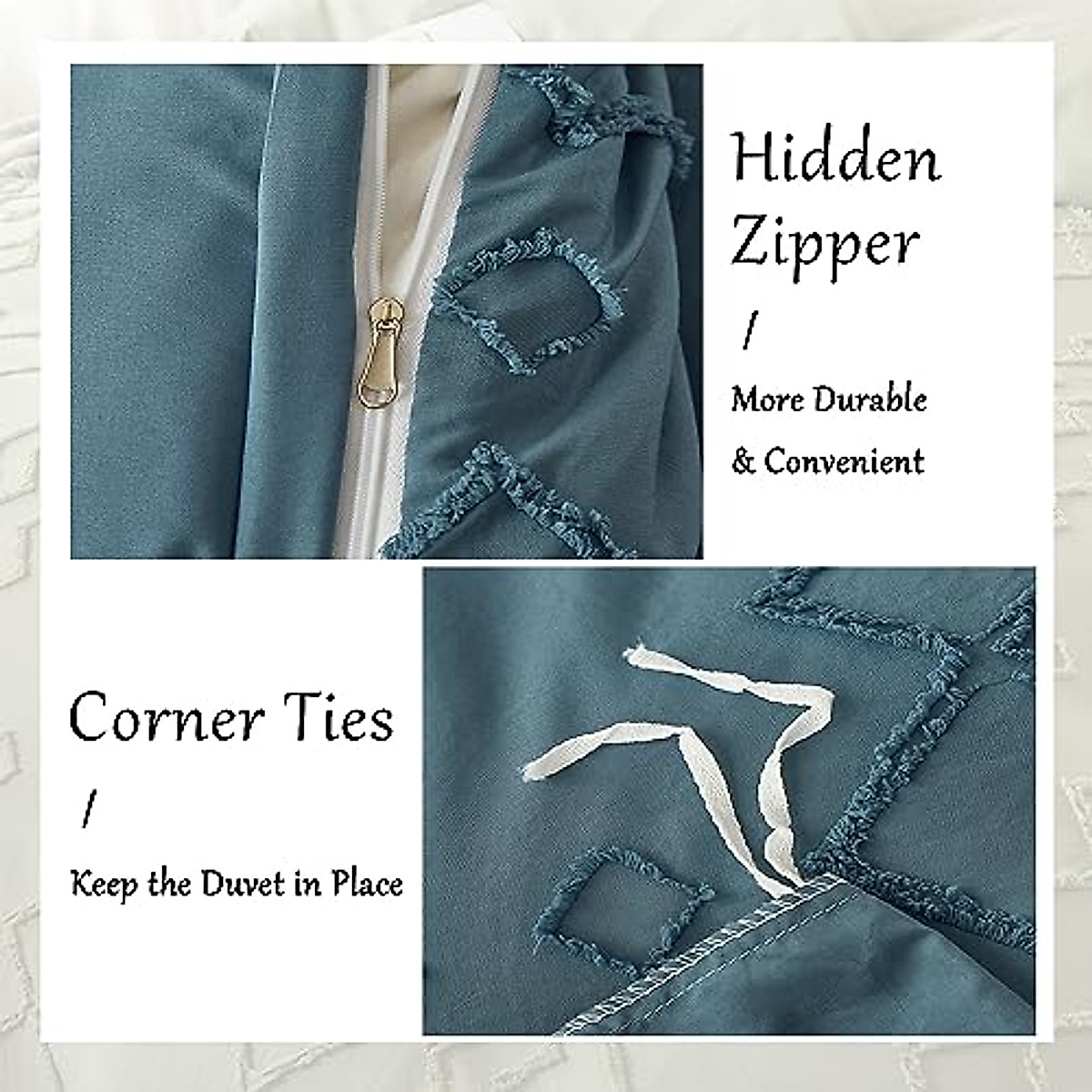 Senville Duvet Cover Queen Size,Blue Tufted Duvet Cover with Jacquard Rhombus Geometric Pattern,3 Pieces Boho Textured Shabby Chic Bedding Set with Zipper Closure for All Season (Denim Blue,Queen)