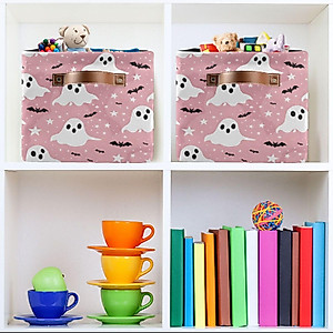 DALAWU Fabric Storage Boxes with Leather Handle, Set of 2, Halloween Ghosts Stars Waterproof Collapsible Canvas Organiser Cubes Bins for Toys Clothes Shelves Closet Household Organizer