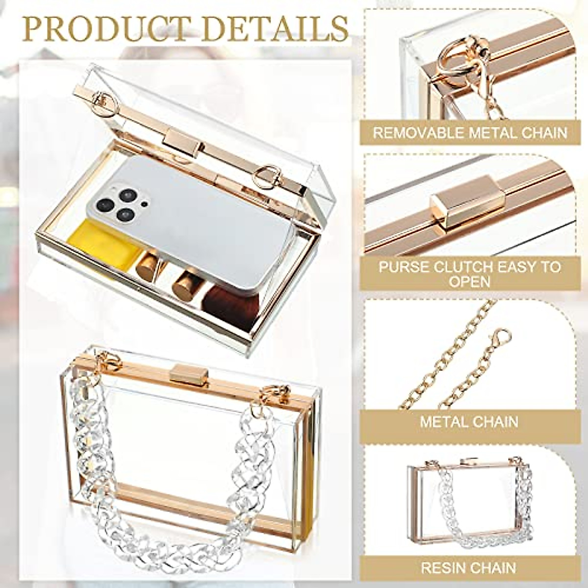 4 Pcs Women Clear Purse Acrylic Clear Clutch Bag Square Jelly Evening Bag with 2 Pcs Removable Gold Chain Strap Vintage Clear Cross Body Bag Transparent Cute Clutch Purse for Dinner Party Wedding
