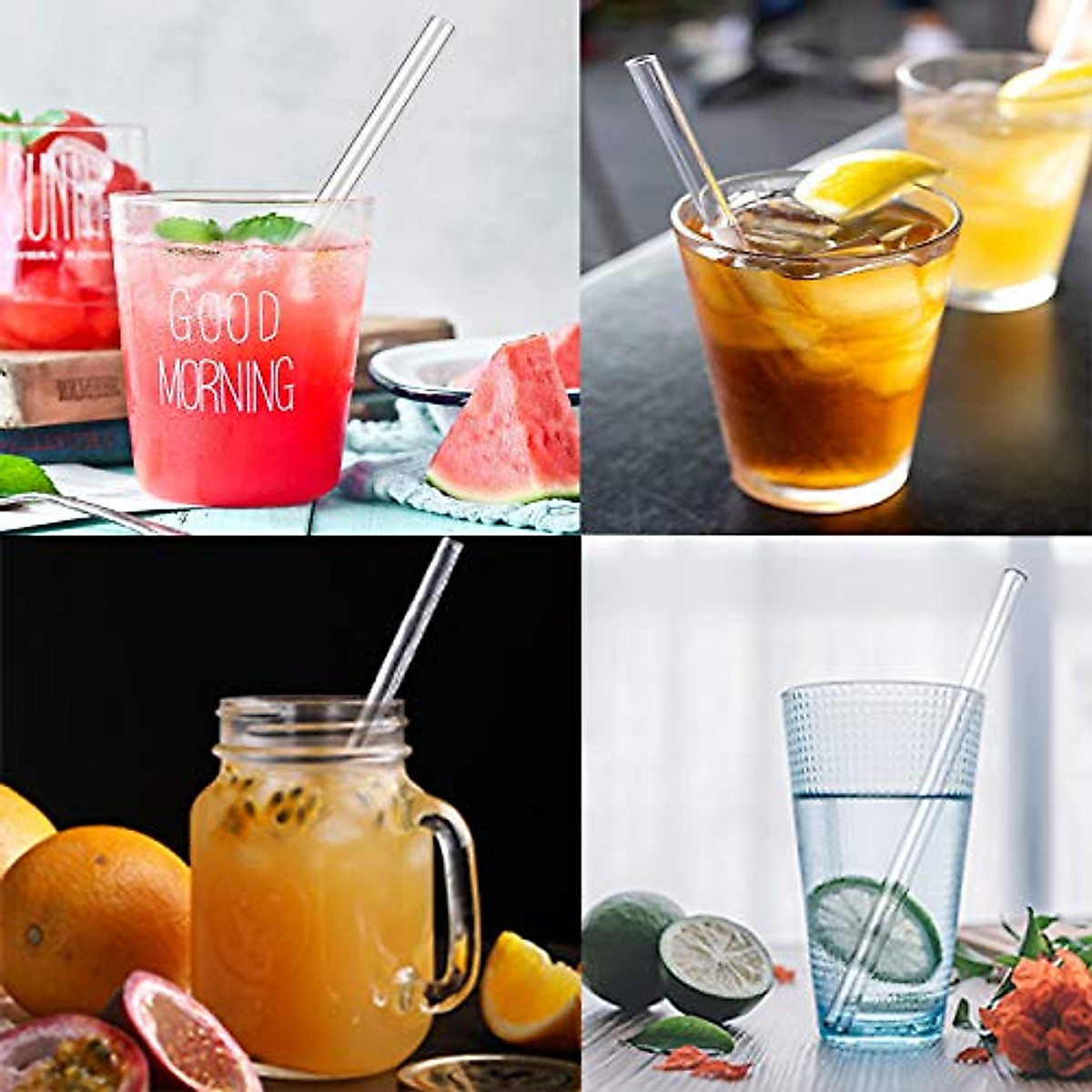 10 Pack Glass Straws, Reusable Glass Drinking Straws, With 10 Straight Smoothie Straws and 2 Cleaning Brush, Reusable Straws For Coffee, Tea, Wine, Juice, Smoothies, Frozen Drinks (8x200mm)
