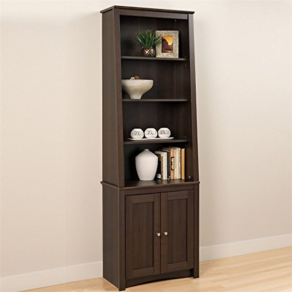 PREPAC Espresso Tall Slant-Back Bookcase with 2 Shaker Doors