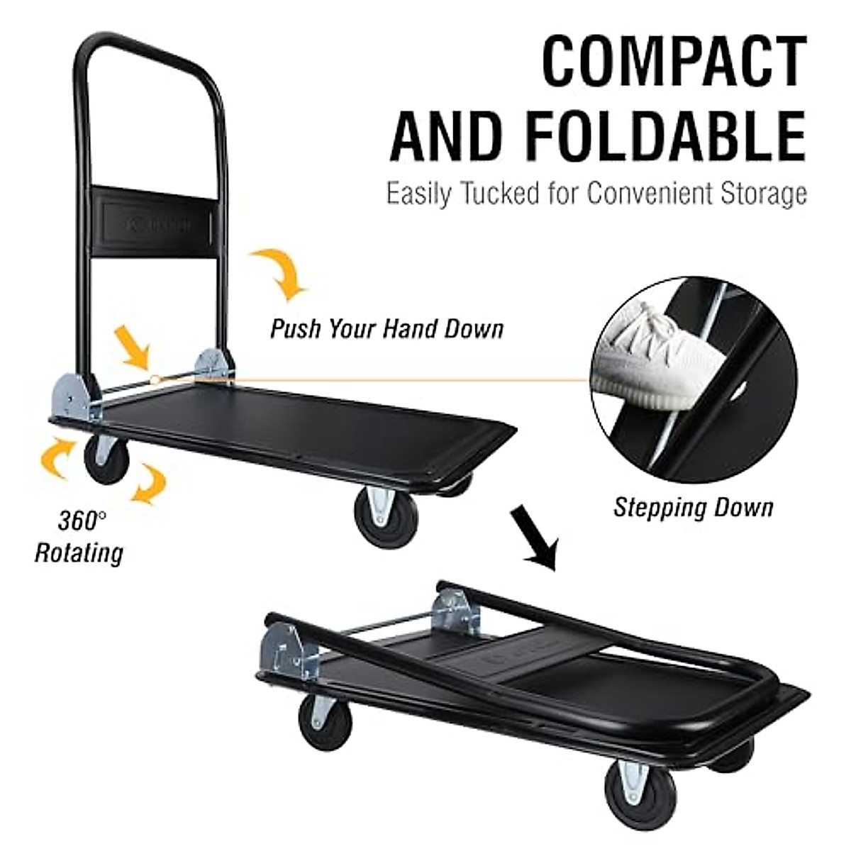 Olympia Tools Foldable Push Cart Dolly - 330 Lb. Capacity Heavy Duty Platform Truck with 360° Swivel Wheels (Olive Green/Blue)