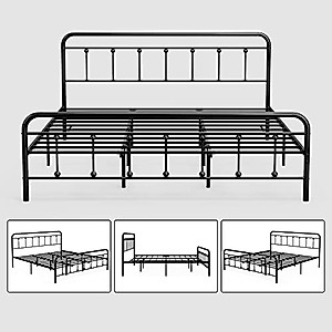 IKIFLY King Size Metal Platform Bed Frame with Headboard & Footboard - Strong Steel Slat Support - Mattress Foundation - Victorian Vintage Style - No Box Spring Needed - Black/King