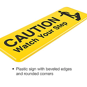 Excello Global Products Caution Watch Your Step Sign: for Business Restaurants Offices Indoor Outdoor Use Easy to Mount Informative Plastic Sign with Symbols 9” x 3”, Pack of 3 (Yellow)