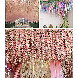 LUZOGA 25 Pack (90.2FT) Artificial Wisteria Flowers Fake Vine Ratta Hanging Garland Silk Flowers String for Home Party Garden Wedding Decor(Light Pink)