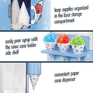 Nostalgia Snow Cone Shaved Ice Machine - Retro Cart Slushie Machine Makes 72 Icy Treats - Includes Metal Scoop, 2 Syrup Bottles, 100 Paper Cups/Spoons, Storage Compartment, Wheels - Blue, 54" Tall