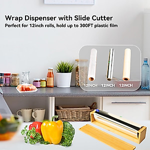 BoxThink Bamboo Wood Plastic Wrap Dispenser with Slide Cutter Also for 12 inch Aluminum foil, Parchment Paper, Cling Wrap Dispenser Sturdy and Reusable (12inch With Slide Cutte)