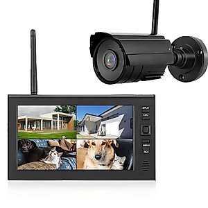 Outdoor Security Camera, Home Security Surveillance Camera, Night Vision, Motion Detection and Remote View with 4CH Surveillance Monitor System Display and TF Card (US Plug)