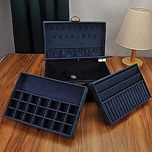 GYJOYERO Jewelry Box Jewelry Earrings Organizer Women Girls 4 Layers with Drawer Necklaces Rings Watches Display Case Storage Lockable GY708 (Navy)