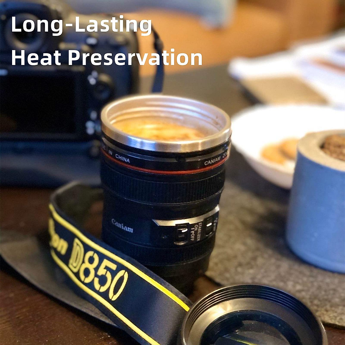 Camera Lens Coffee Mug, Cameras Lens Mug, Travel Coffee Photographers Mugs Stainless Steel Len Mug Interesting Custom Gifts for Women/Men (Black)