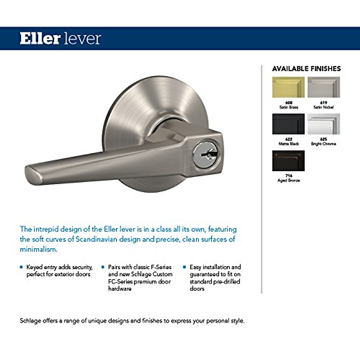 SCHLAGE F51A ELR 622 CEN Eller Lever with Century Trim Keyed Entry Lock, Matte Black