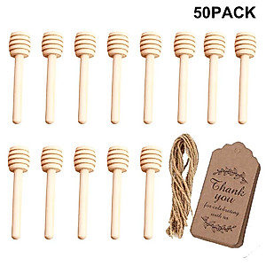 Amajoy 50PCS Small Wood Honey Dipper Sticks with Thank You Escort Card and Twine Server for Honey Jar Dispense Drizzle Honey Wedding Party Favor Baby Shower