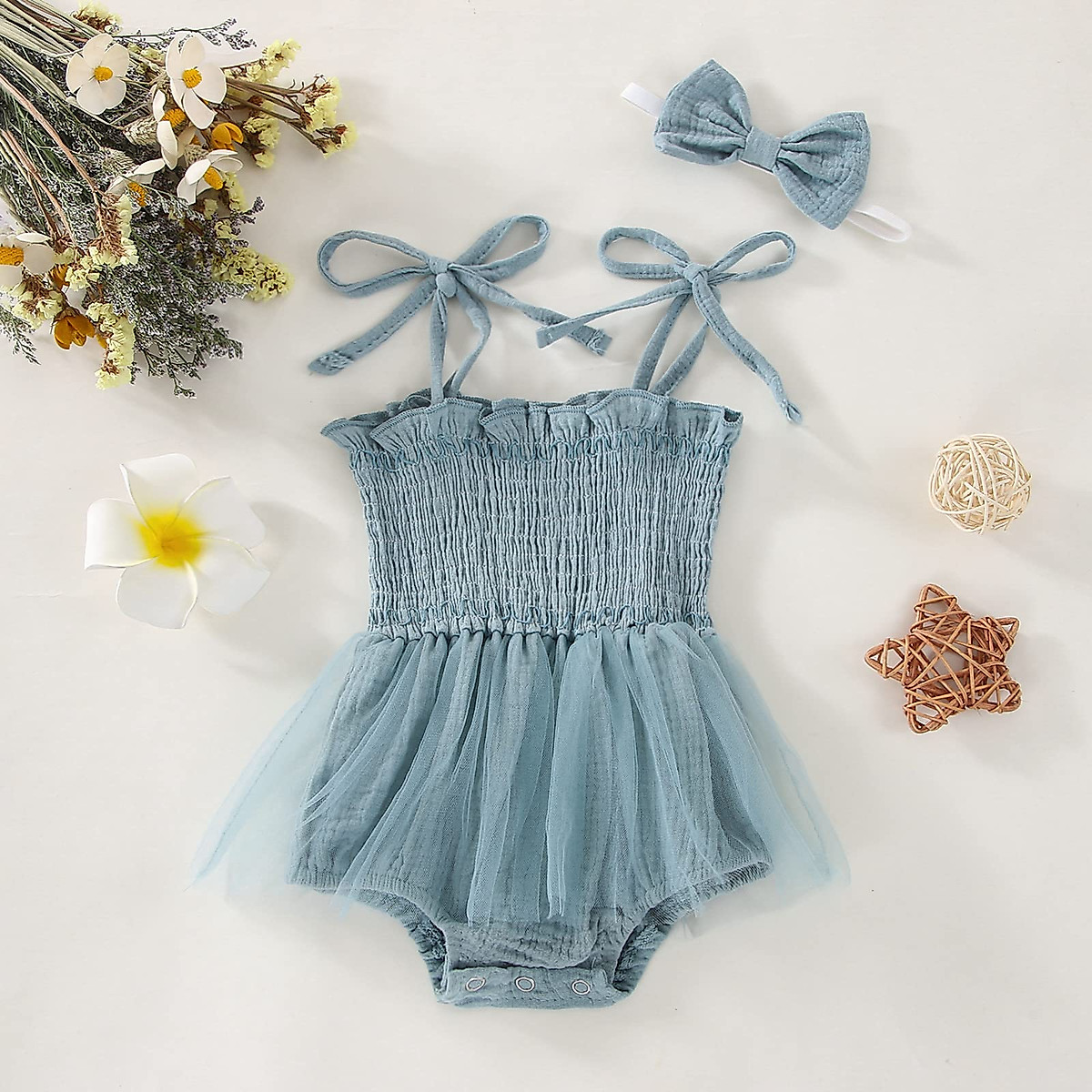 Meihuida Newborn Baby Girl Sleeveless Romper with Headband Summer Clothes Cotton Linen Bodysuit Tulle Tutu Skirt Blue 12-18 Months