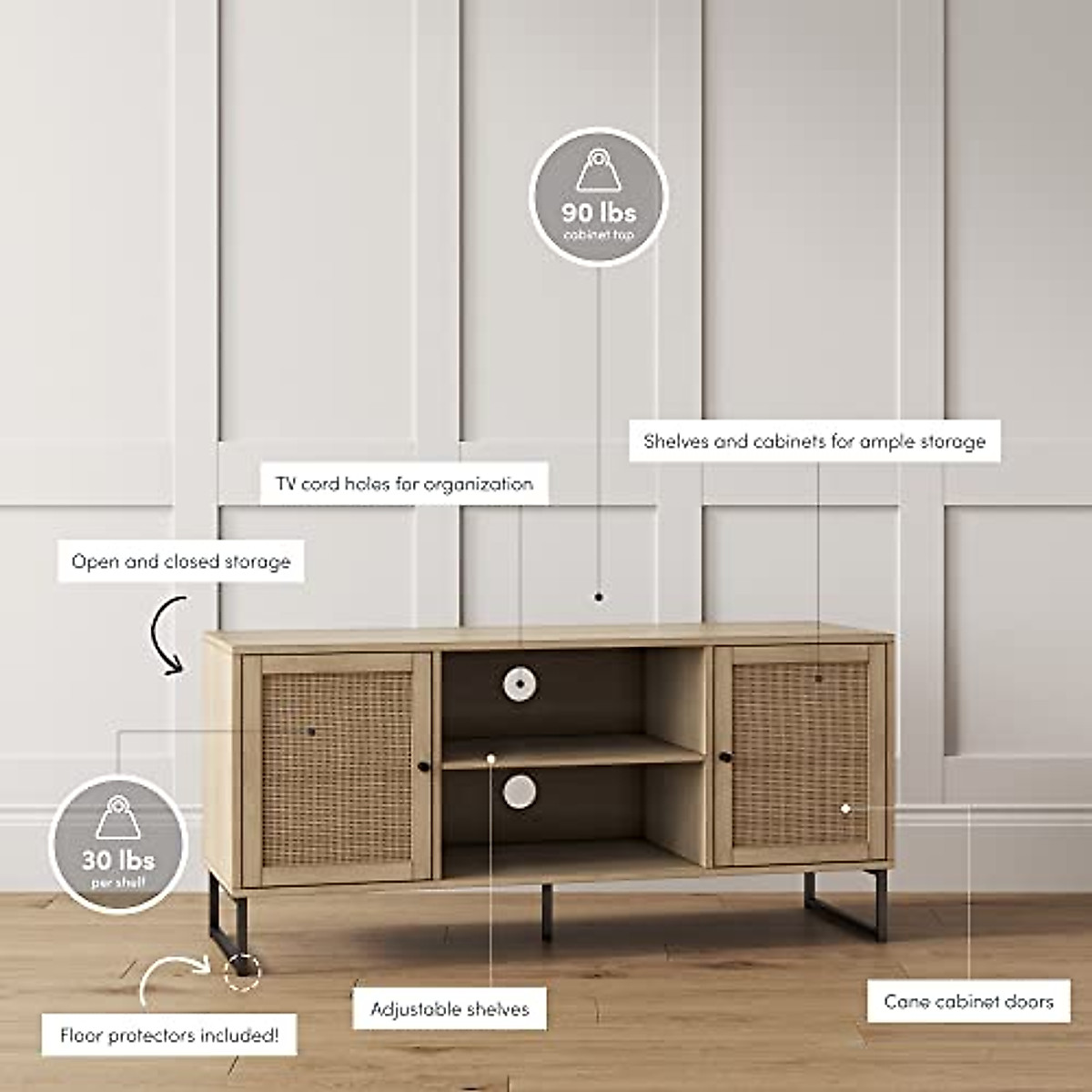 Nathan James 74101 Mina Modern TV Stand, Entertainment Cabinet, Media Console with a Natural Oak Wood Finish and Matte Black Accents with Storage Doors for Living Room or Media Room, Oak/Black