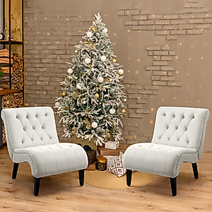 AVAWING Armless Accent Chair Set of 2, Upholstered Button Tufted Living Room Chairs with Wood Legs, Comfy Frosted Velvet Lounge Chair Reading Chair for Bedroom, Cream White