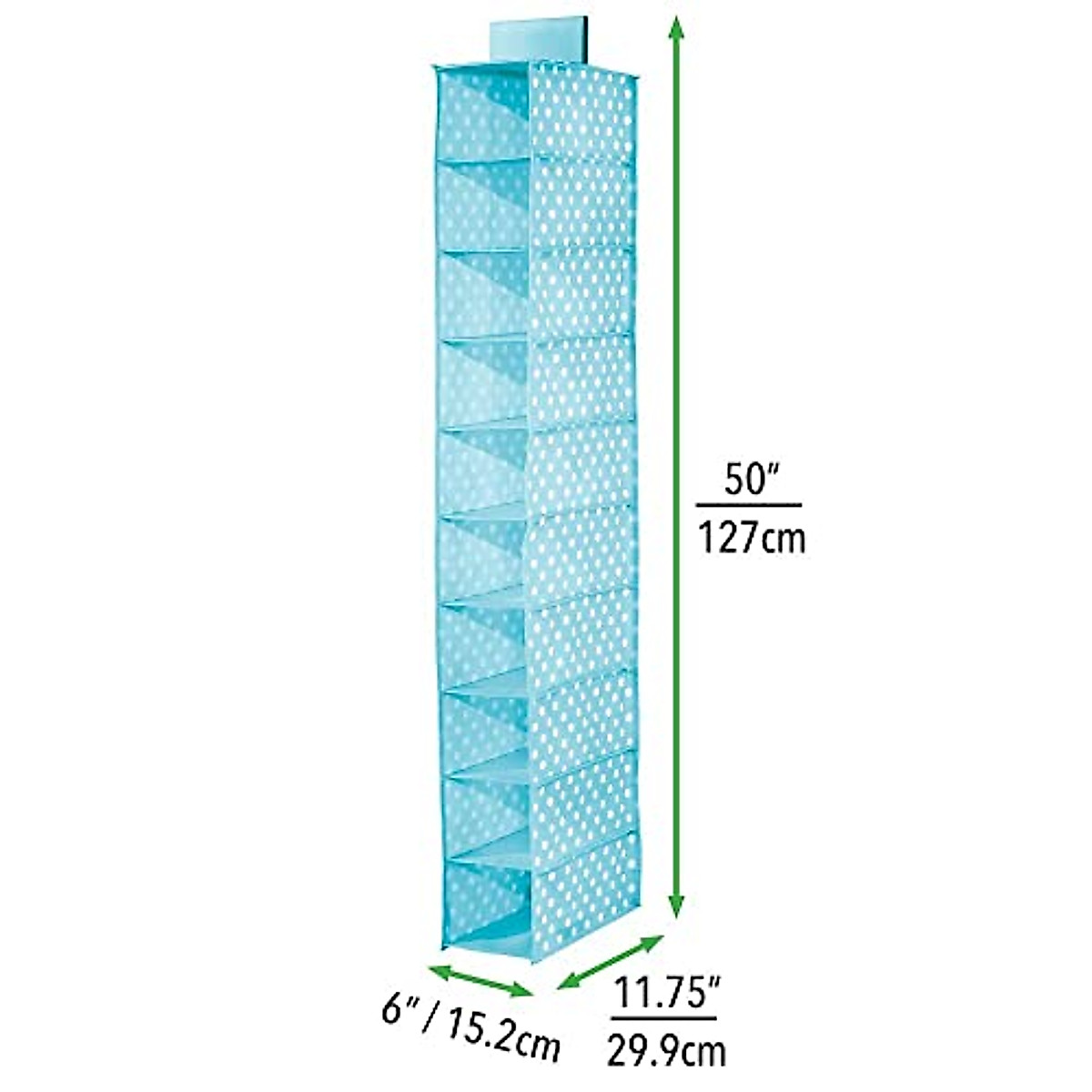 mDesign Soft Fabric Over Closet Rod Hanging Storage Organizer with 10 Shelves for Child/Kids Room or Nursery - Polka Dot Print - 2 Pack - Turquoise Blue with White Dots