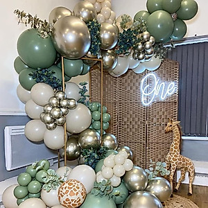 Sage Green Balloon Garland Arch Kit 153pcs Sand White Chrome Metallic Gold Avocado Olive Boho Pastel Balloons for Baby Shower Birthday Wedding Jungle Safari Party Decorations