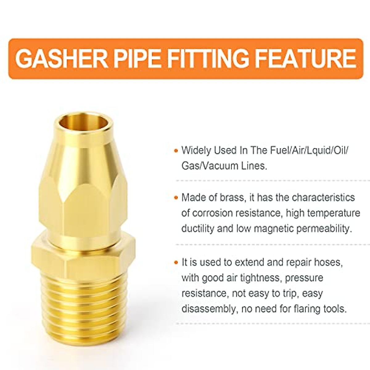 GASHER 5PCS Brass Pneumatic Replacement Fitting, Reusable Hose End Repair Fitting 1/4" Barb（Suitable for 1/4" ID，5/16" OD air hose) x 3/8" NPT Rigid