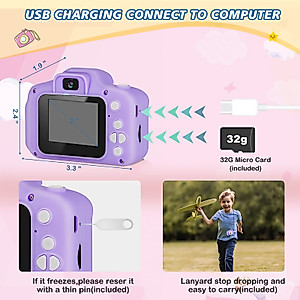 Upgrade Toddler Camera, HD Digital Video Cameras for Toddler, Kids Selfie Camera Toys with 32GB SD Card for 3 4 5 6 7 8 9 Year Old Girls and Boys, Christmas Birthday Gifts for Boys - Purple