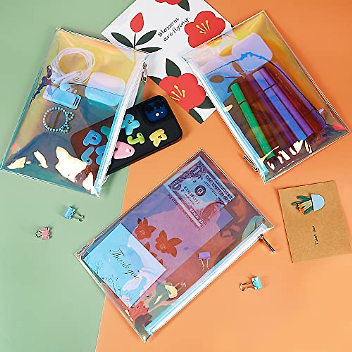 HRX Package Clear Iridescent Holographic Makeup Bag, 3pcs Cosmetic Pouches with Zipper Travel Organizer Case for Purse Diaper Bag