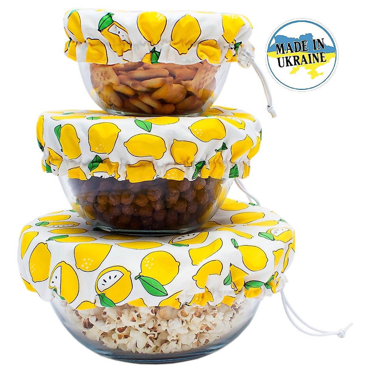 Handmade Reusable Cotton Fabric Bowl Covers - Two Layers of Fabric (Set of 3, Lemon)