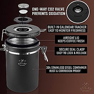 Zulay 21oz Coffee Canister For Ground Coffee - Stainless Steel Coffee Canisters With Scoop Holder & Date Tracker - Airtight Coffee Container & Coffee Storage For Coffee Jar, Tea, Sugar, Flour (Black)