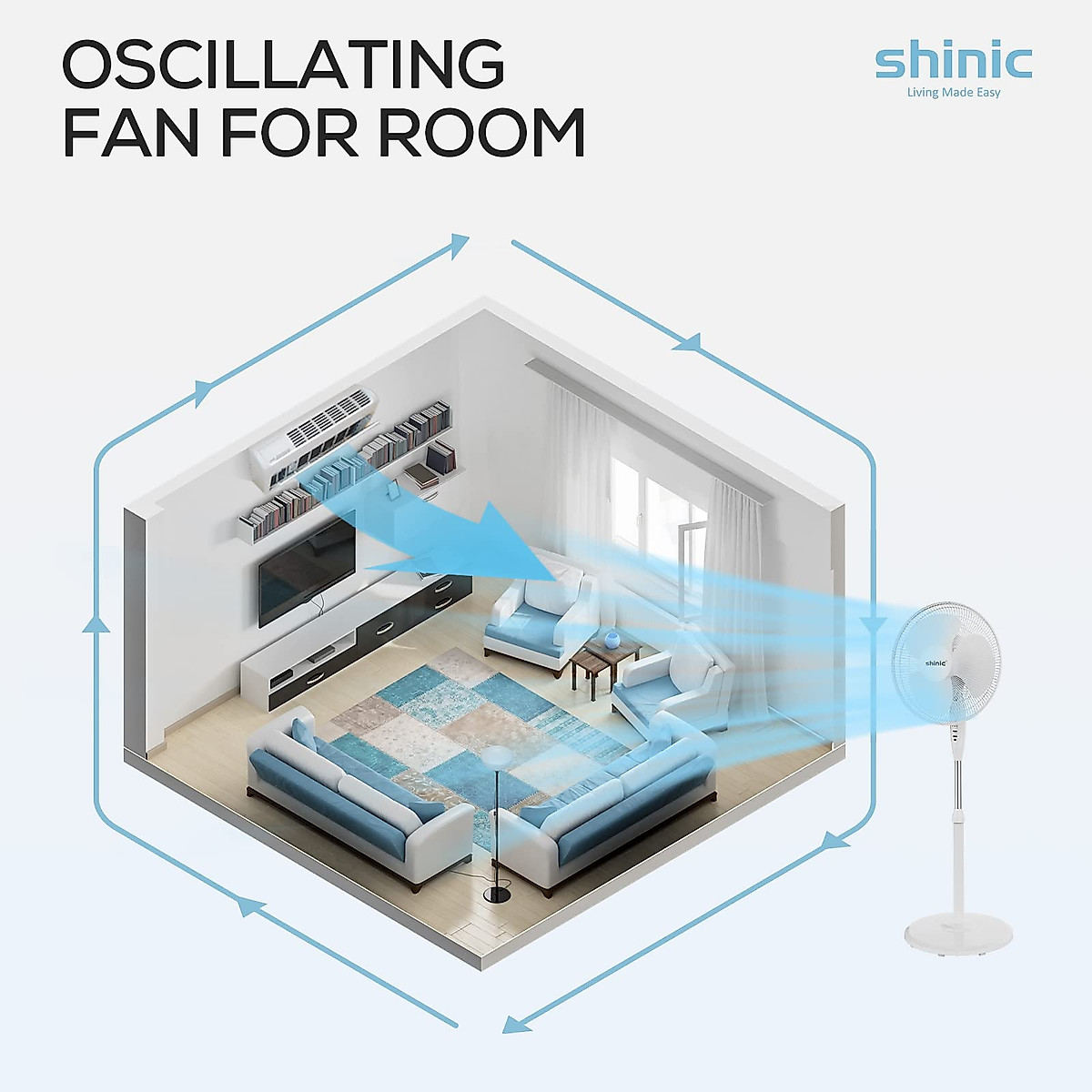 shinic Oscillating Pedestal Fan with Remote Control,3-Speed,Quiet and Powerful,Adjustable Height& Tilt,Auto-off Timer,16-Inch Stand Fan for Home,Bedroom,Living Room,Office,White