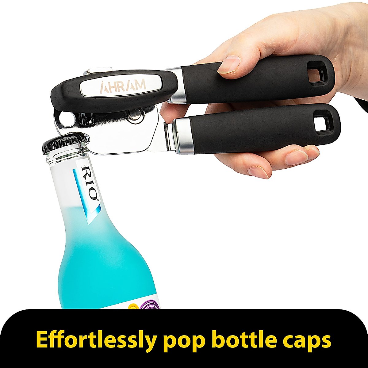 AHRAM Manual Can Opener, Sharp and smooth glide cutting wheel, With magnet lefter, Safe edge, Made with heavy duty materials, With additional glide cutting wheel as a spare part, With a bottle opener
