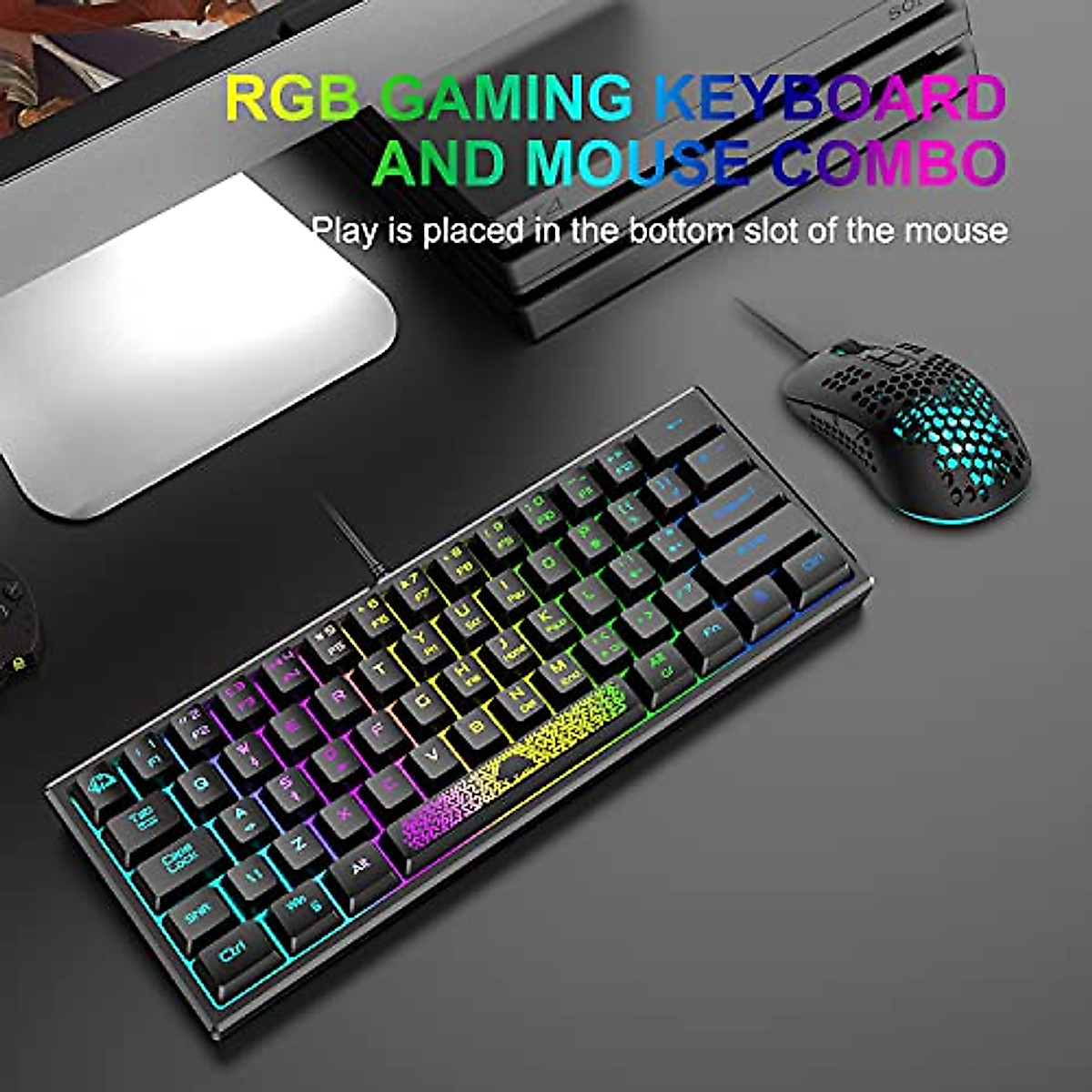60% Gaming Keyboard and Mouse,Rainbow LED Backlit Gaming Keyboard with Wired Mini Portable Ergonomic 2400 DPI Ultralight Gaming Honeycomb Shell Mouse,Mouse Pad for Windows PC Gamers(Black)