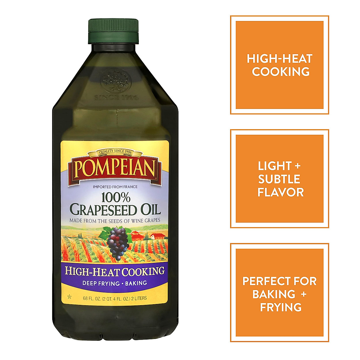 Pompeian 100% Grapeseed Oil, Light and Subtle Flavor, Perfect for High-Heat Cooking, Deep Frying and Baking, 68 FL. OZ.